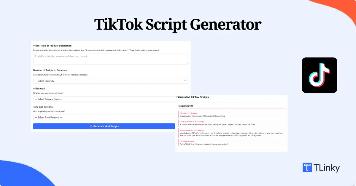 Free TikTok Script Generator - Hook, Script & CTA Builder - TLinky