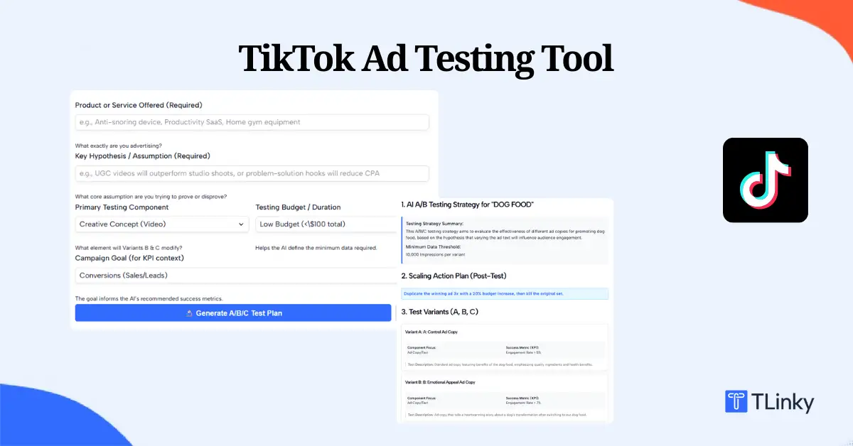 TikTok Ad Testing Tool structured A/B/C test plan from AI, including 3 ...