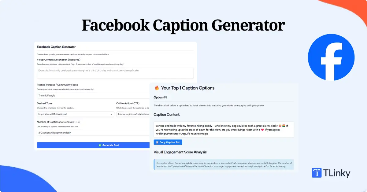 Facebook Caption Generator | AI High-Engagement Caption Writer - TLinky
